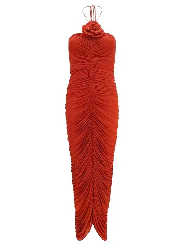 Magda Butrym Floral Appliqué Ruched Maxi Dress - Orange