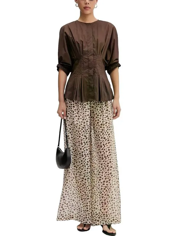 VICOLO Pleated Waist Puff-sleeve Blouse - Brown