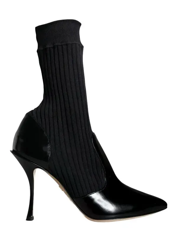 Dolce & Gabbana Patent-leather Ribbed-knit Ankle Boots - Black