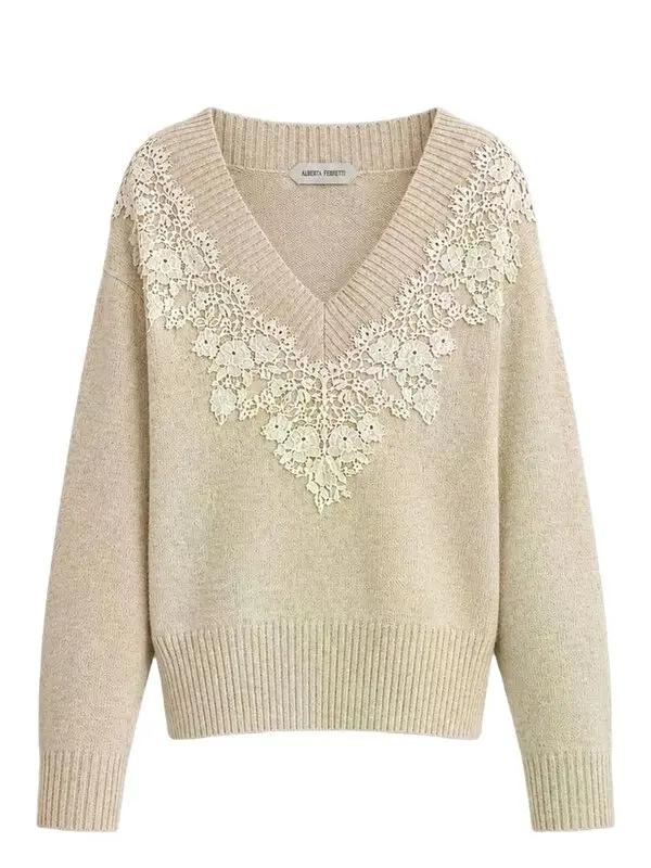 Alberta Ferretti Lace Trim V-neck Sweater - Neutrals