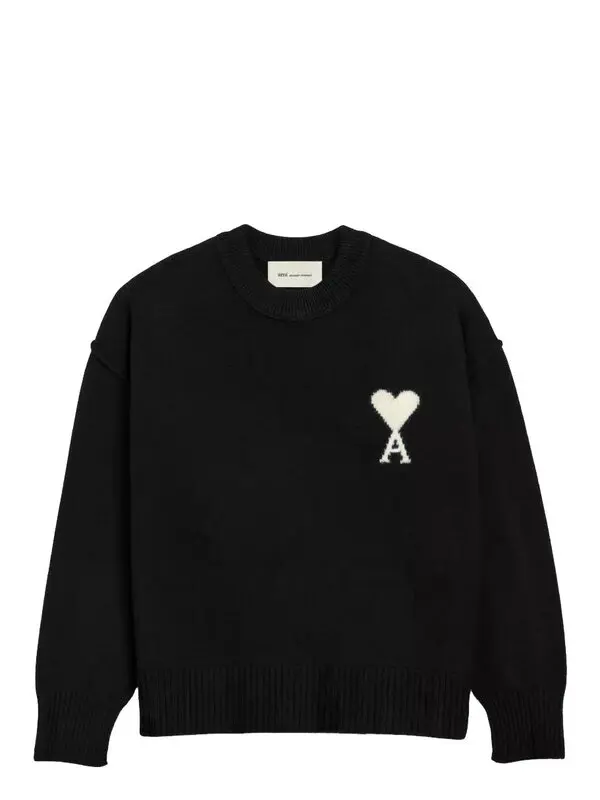 AMI Paris Crewneck Wool Sweater With De Coeur Intarsia - Black