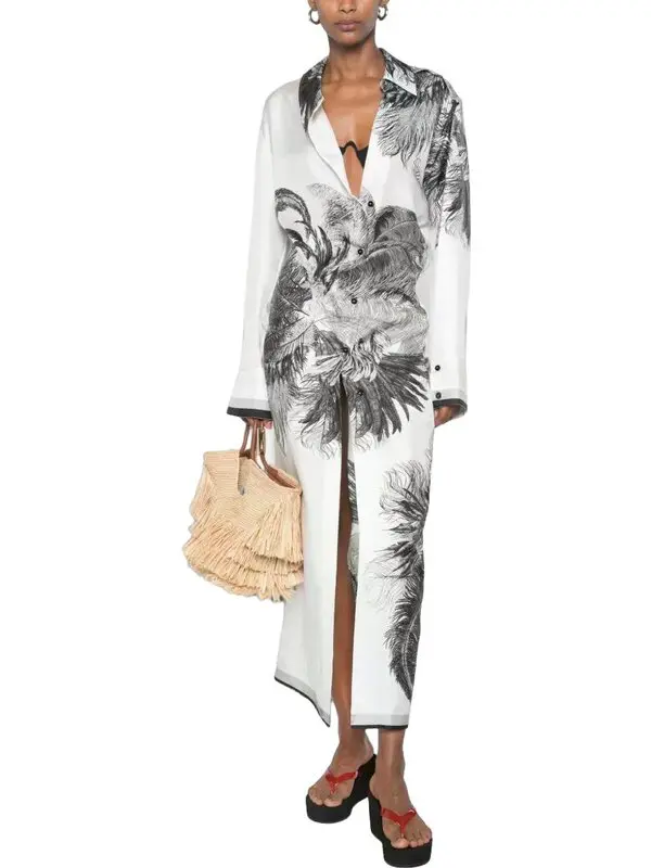 Attico Feather-print Maxi Shirt Dress - White