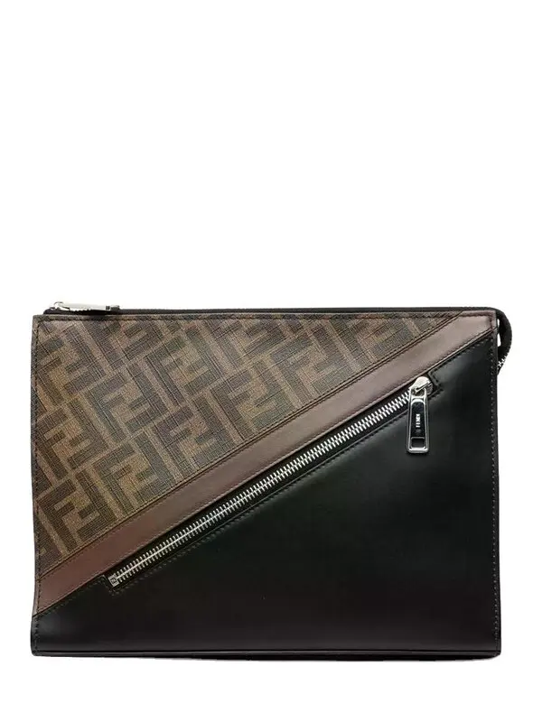 Fendi Zucca Coated Canvas Diagonal Front Zip Clutch Bag - Brown