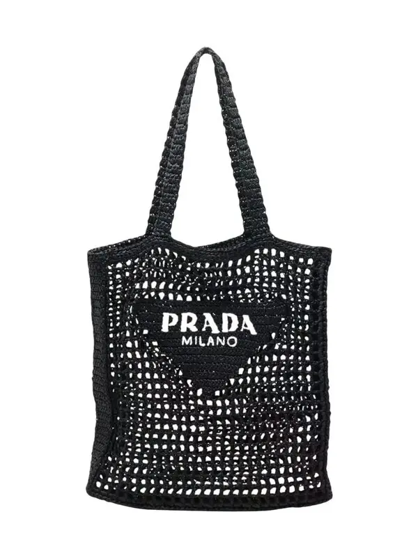 Prada Raffia Effect Crochet Embroidered Logo Tote Bag - Black