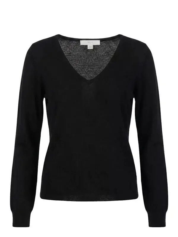 Malo Fine Knit V-neck Long Sleeve Sweater - Black