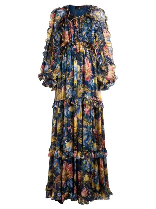 Etro Long Silk Floral Print Ruffled Maxi Dress - Blue