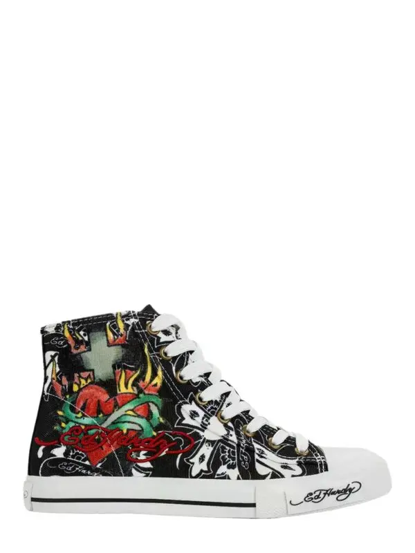Ed Hardy Graphic Print Lace-up High-top Sneakers - Black
