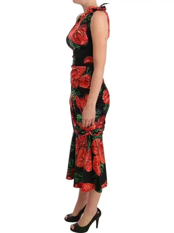 Dolce & Gabbana One-shoulder Floral Print Midi Dress - Black
