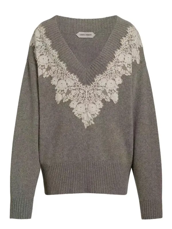 Alberta Ferretti Lace-trim V-neck Sweater - Grey