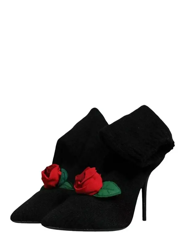 Dolce & Gabbana Ribbed Knit Rose Appliqué Stiletto Boots - Black