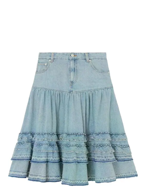 GANNI Tiered Ruffled Hem Midi Skirt - Blue