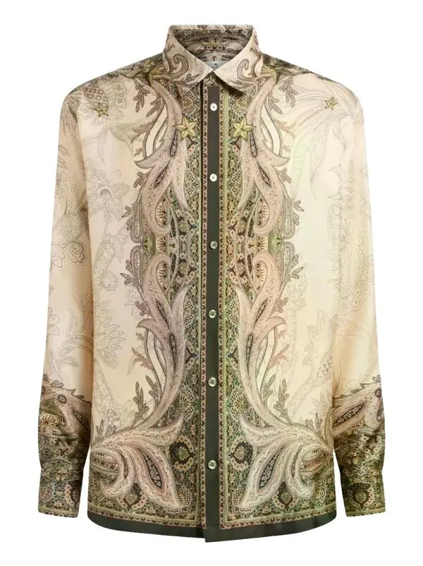 Etro Silk Twill Shirt With Placed Pegaso-print - Neutrals