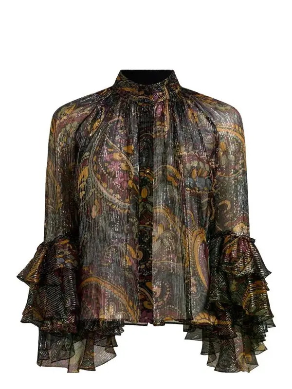 Etro Silk Shirt With Ruffle And Paisley Motif - Black