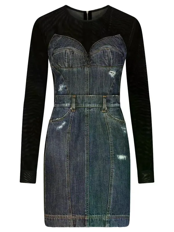 Dolce & Gabbana Long-sleeve Denim Mini Dress With Sheer Sleeves - Blue