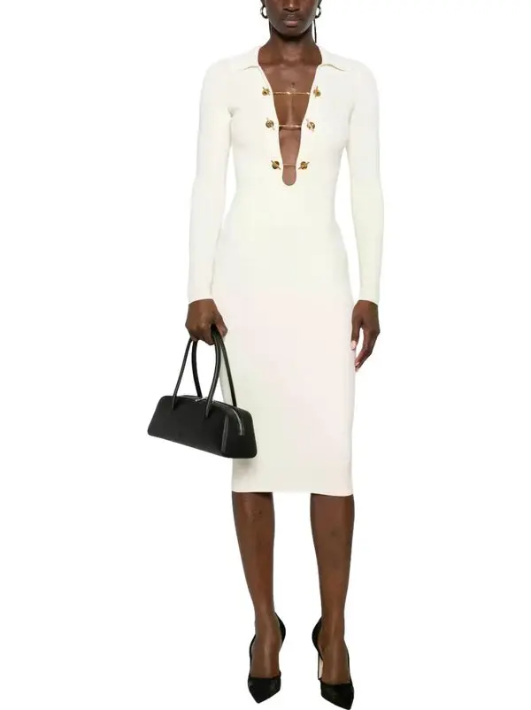 Elisabetta Franchi Tone Chain Detail Ribbed Midi Dress - Neutrals