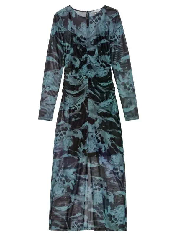 GANNI Printed Mesh O-neck Ruched Long Dress - Blue