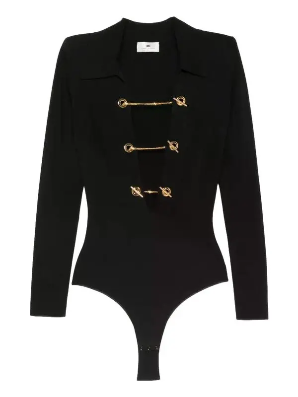 Elisabetta Franchi Ribbed Cut-out Chain Detail Bodysuit - Black