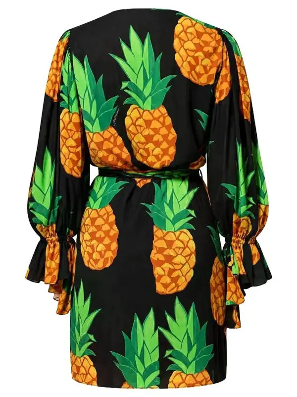 Dolce & Gabbana Silk Pineapple Print Wrap Mini Dress - Black