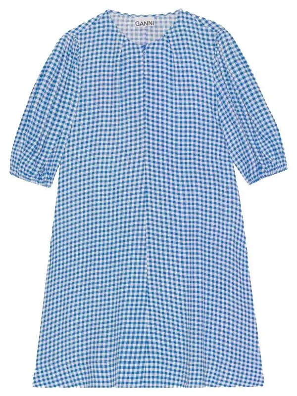 GANNI Checked Crepe Mini Dress - Blue