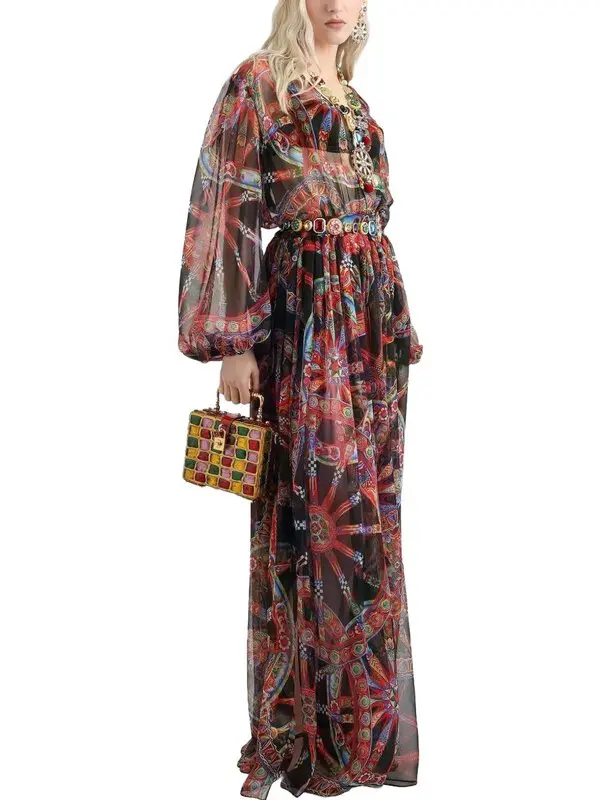 Dolce & Gabbana Carretto-print Chiffon Long Dress - Black