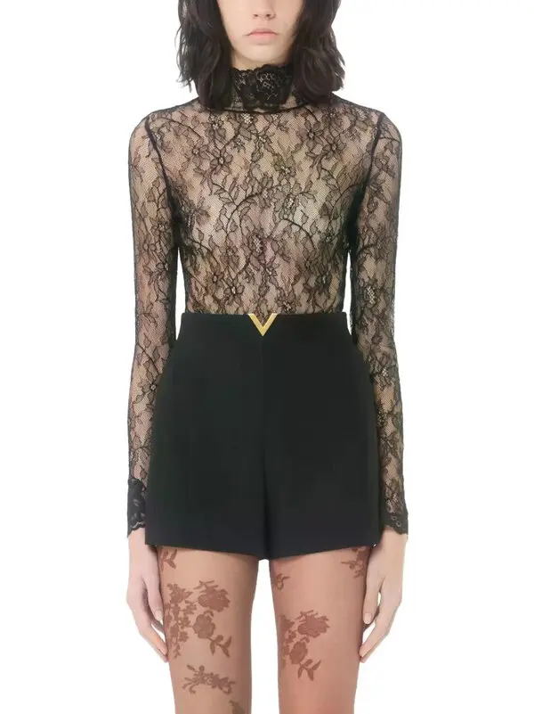 Valentino Garavani Floral Lace High Neck Long Sleeve Body - Black