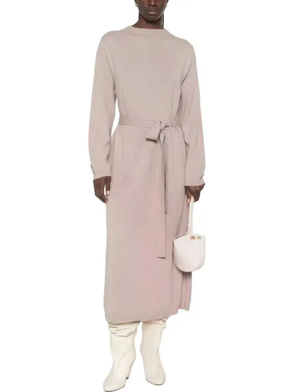 Fabiana Filippi Crew Neck Long Sleeve Midi Dress With Belt - Neutrals