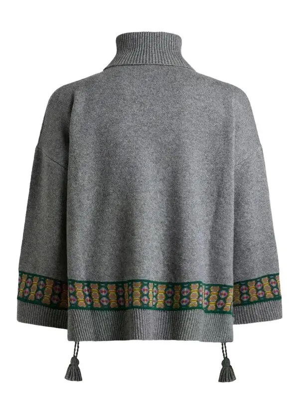 Etro Wool-blend Kimono Sweater With Tassels And Geometric Motif - Grey