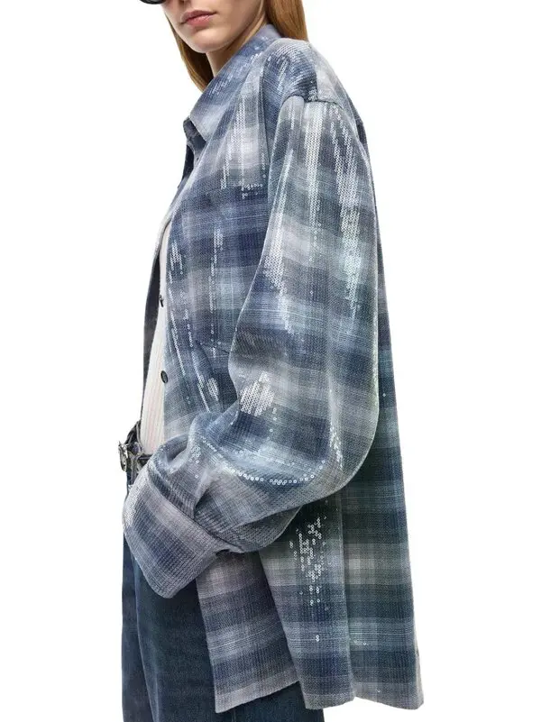 Pinko Oversized Sequined Checkered Overshirt - Blue