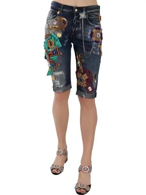 Dolce & Gabbana Embellished Distressed Denim Shorts - Blue