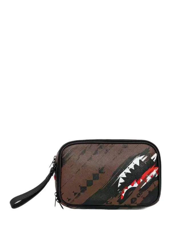 SPRAYGROUND Shark Print Zip-around Wash Bag - Brown