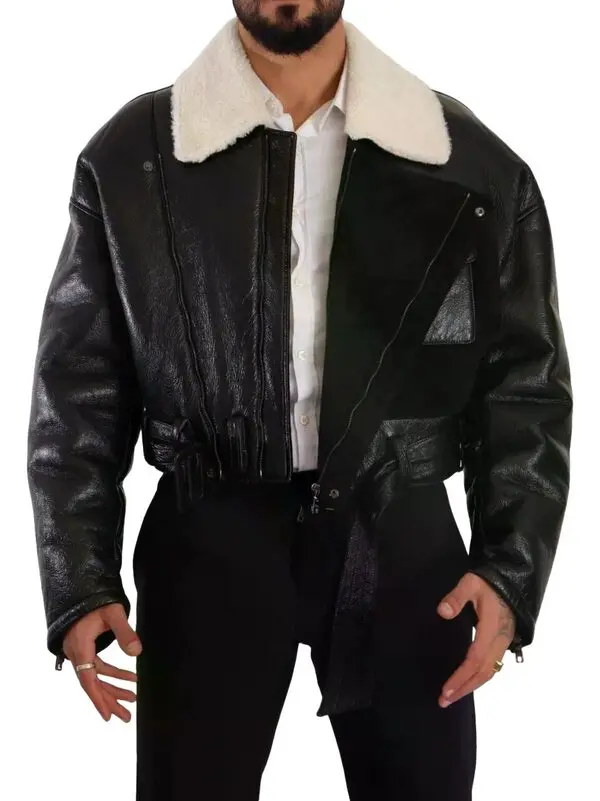 Dolce & Gabbana Belted Shearling Collar Leather Jacket - Black