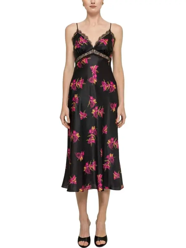 NISSA Floral Print Silk Midi Dress - Black