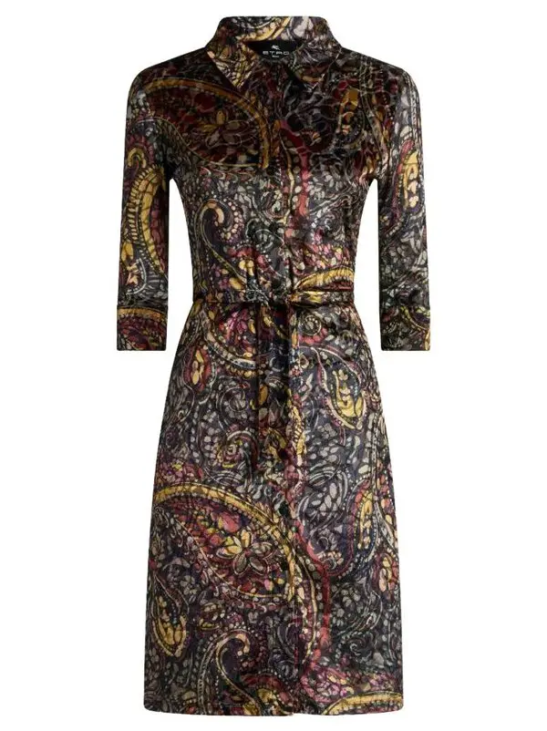 Etro Burnout Chenille Paisley Print Shirt Dress - Black