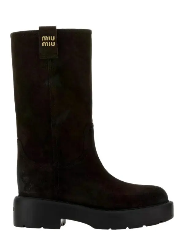 Miu Miu Logo Plaque Suede Boots - Brown