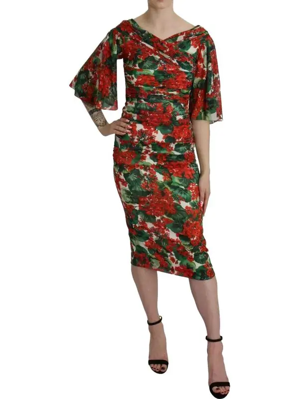 Dolce & Gabbana Floral Print Ruched V-neck Dress - Red