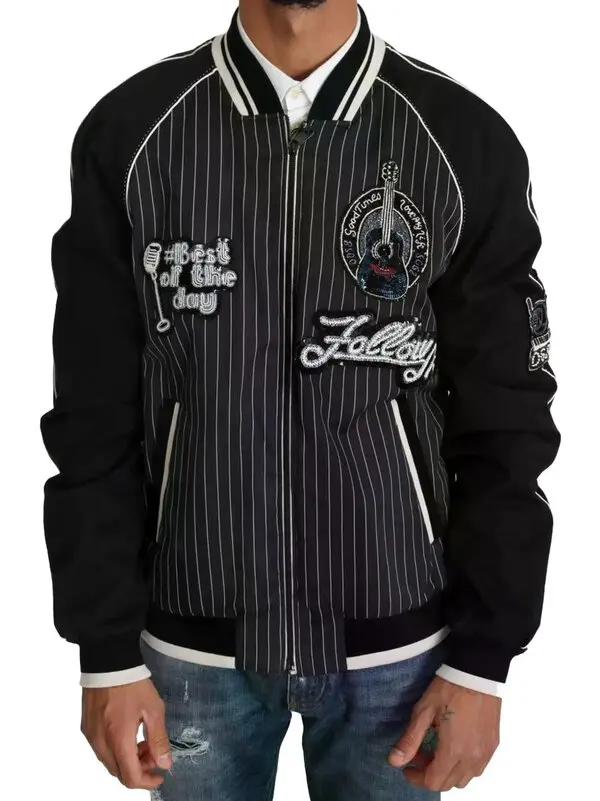 Dolce & Gabbana Pinstripe Embellished Bomber Jacket - Black