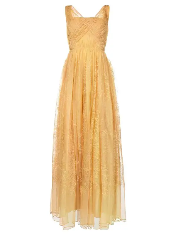Alberta Ferretti Embroidered Motif Pleated Gown - Yellow