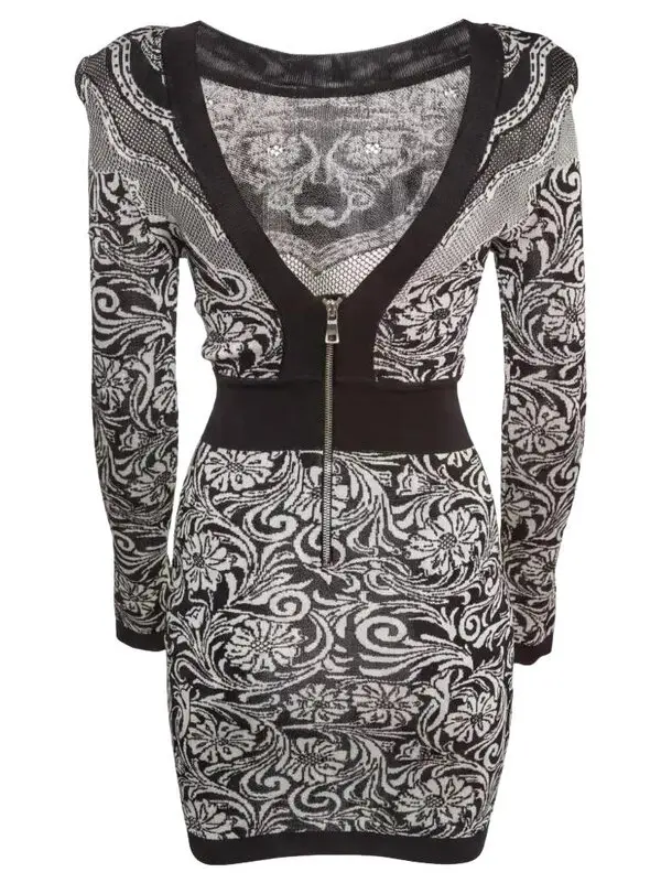 Balmain Long Sleeve V-neck Floral Print Mini Dress - Blue