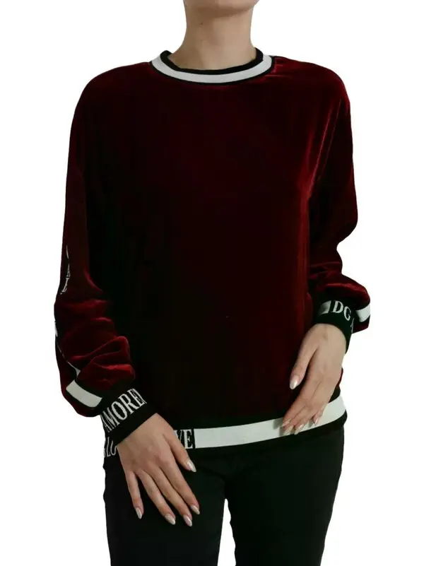 Dolce & Gabbana Burgundy Velvet Sweater With Logo Trim - Red