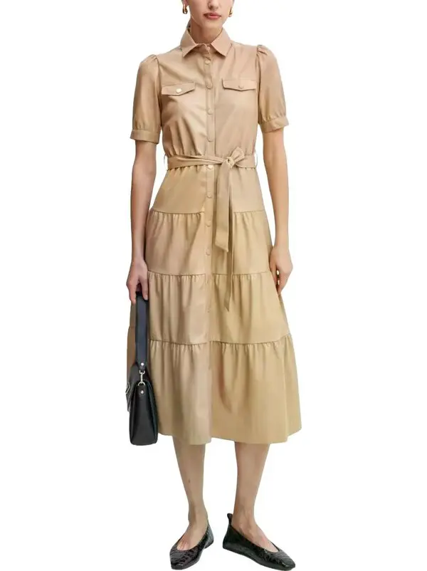 MORGAN Tiered Buttoned Dress With Puff Sleeves And Belt - Neutrals