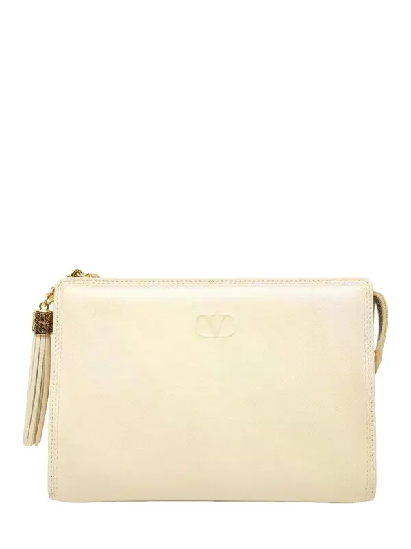 Valentino Garavani Grainy Calfskin Vlogo Tassel Clutch Bag - White