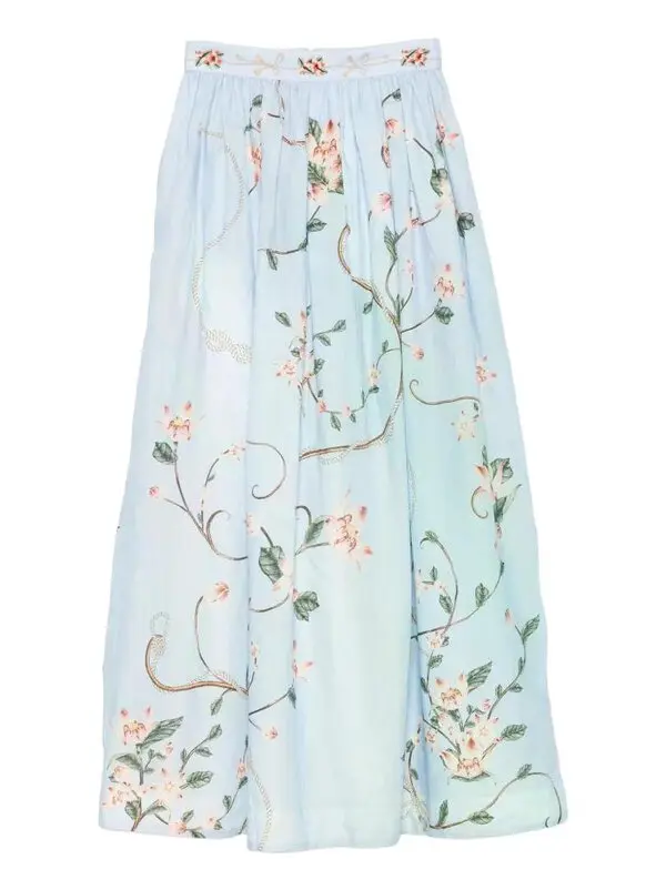 Agua Bendita Linen Maxi Skirt With Floral Print And Embroidery - Blue