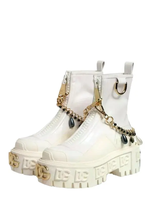 Dolce & Gabbana Logo Plaque Chain Detail Ankle Boots - White