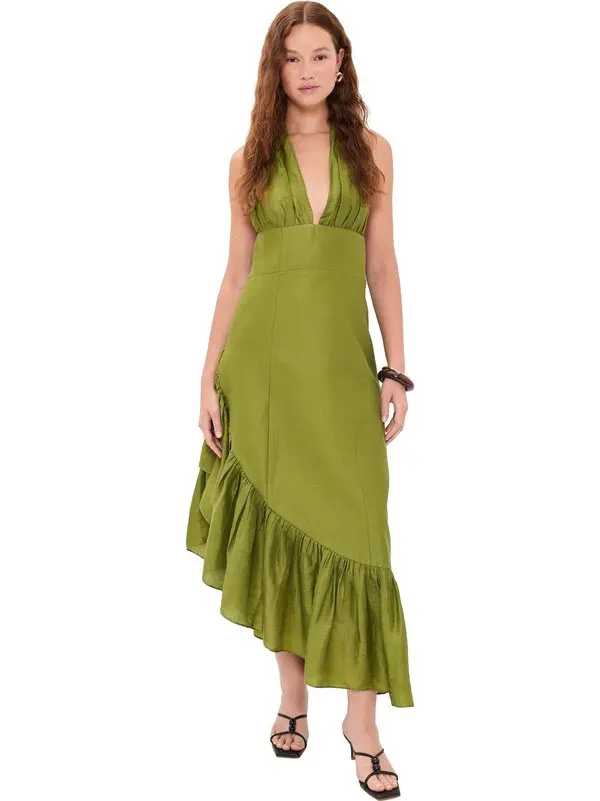 COUPER Gwendolyn Asymmetrical Ruffle Maxi Dress - Olive