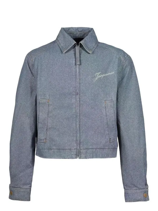 Jacquemus Logo Embroidered Zip-up Denim Jacket - Blue