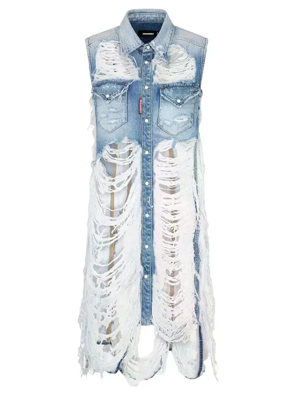 Dsquared2 Distressed Denim Midi Shirt Dress - Blue