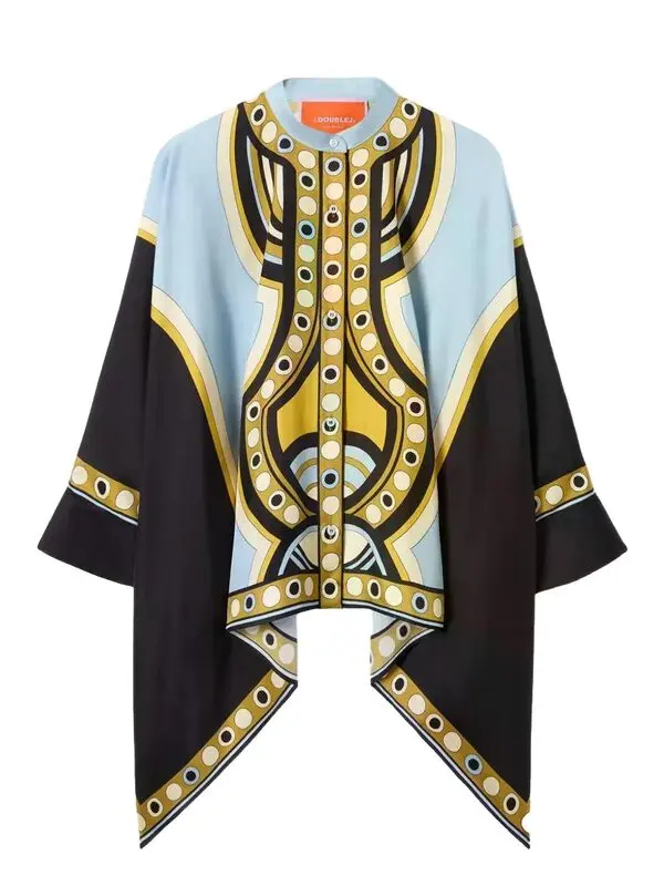 La DoubleJ Geometric Print Band Collar Shirt - Black