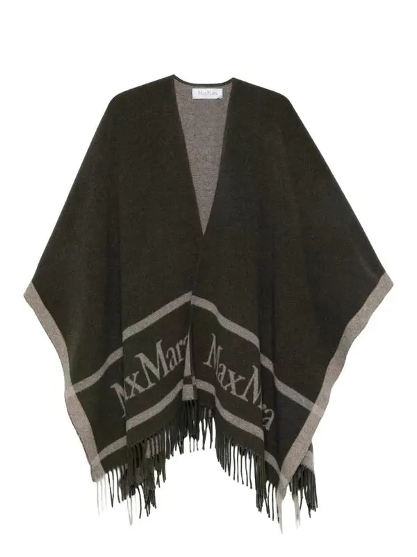 Max Mara Logo Intarsia Fringed Poncho Coat - Green