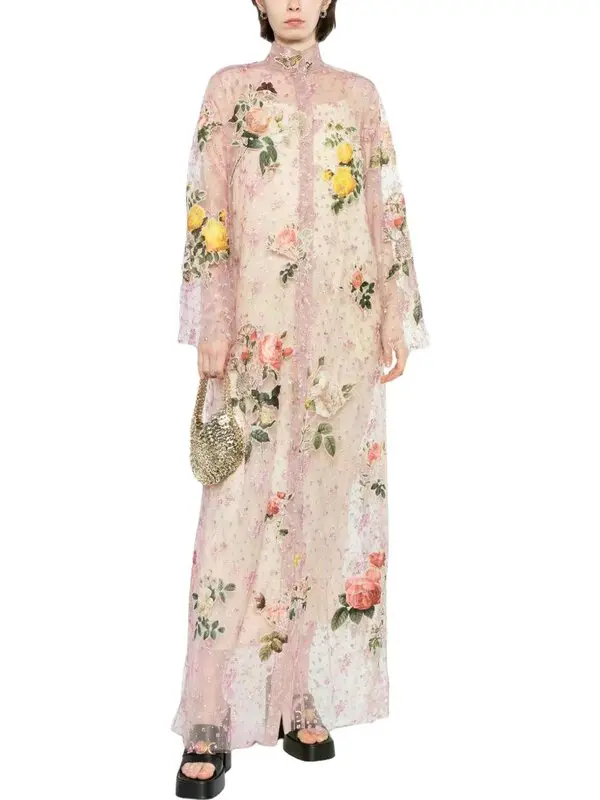 Biyan Floral Embroidered Sequin Embellished High Neck Maxi Dress - Pink