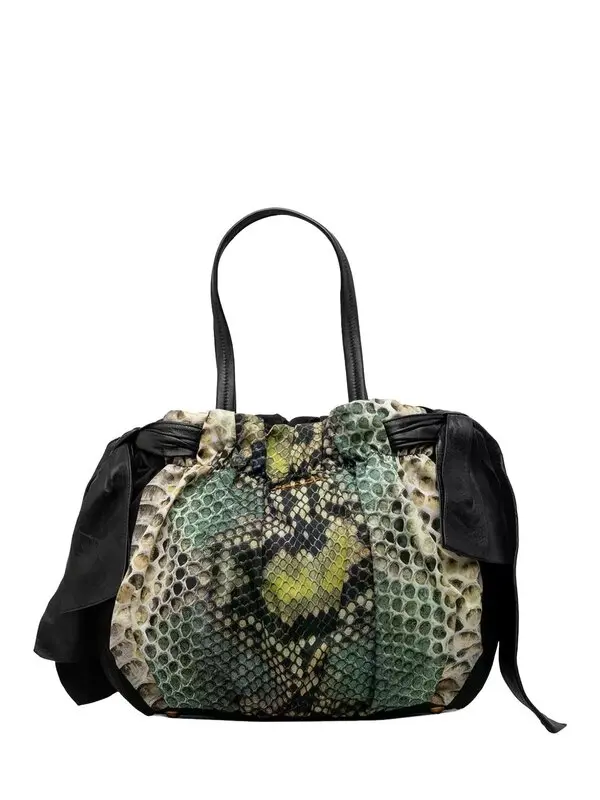 Prada T Tessuto Python Print Bow Satchel - Black